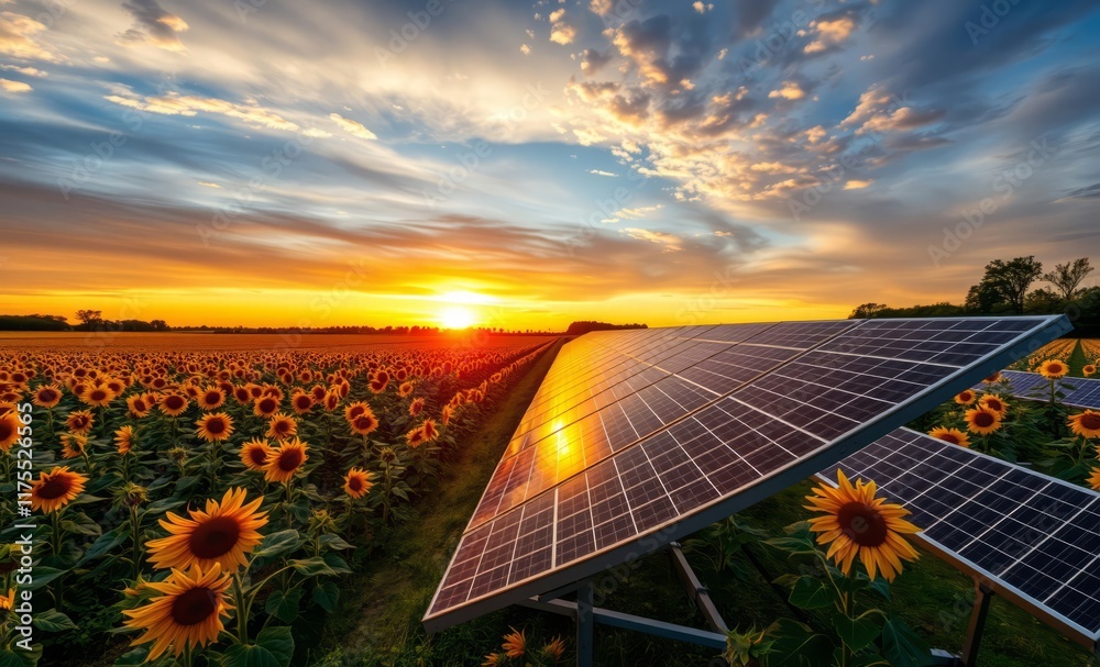 Solar panels in the sunflower field and a beautiful sunset innovative ...