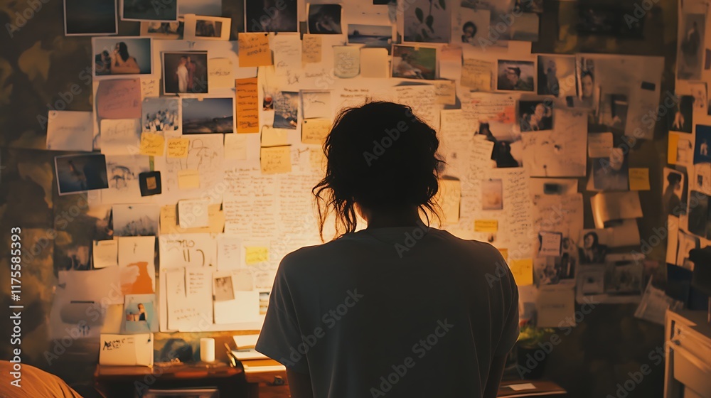 A young adult staring at a vision board on the wall, planning their ...
