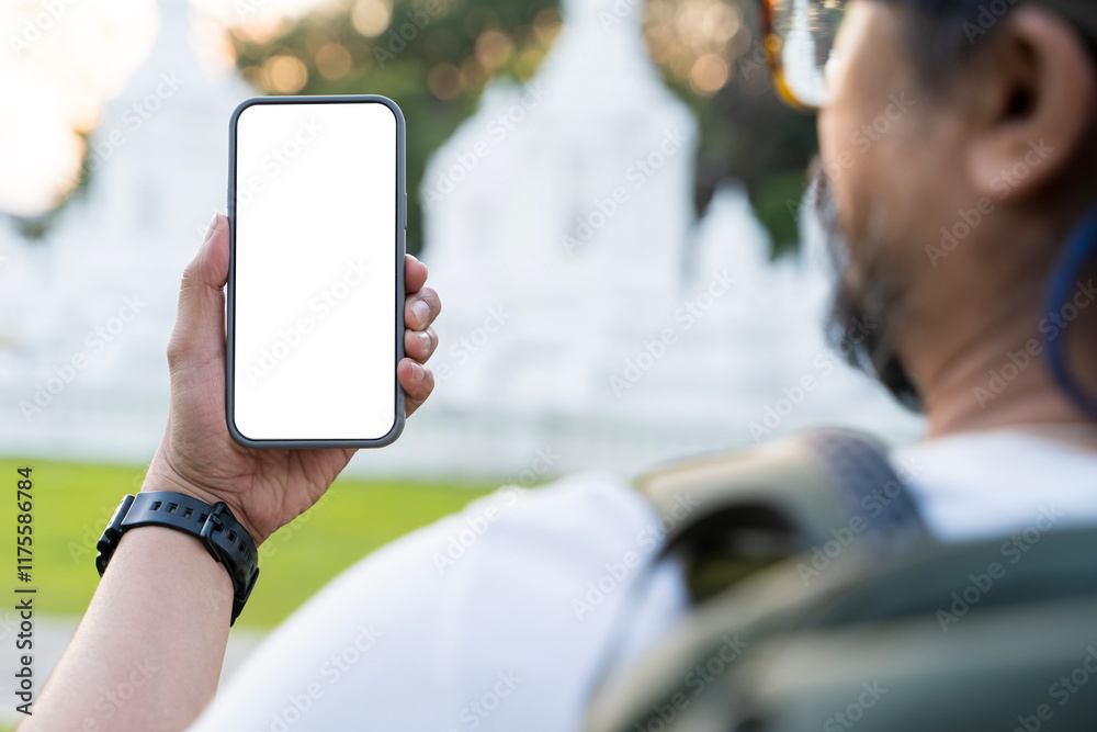 Smartphone mockup, man holding mobile phone with blank white screen ...