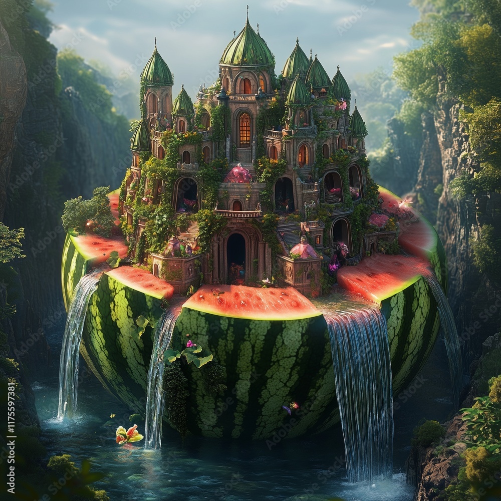 "Whimsical dream world featuring a palace with a waterfall inside a ...