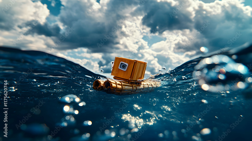 Small cargo container floats on makeshift raft at sea. Stock ...