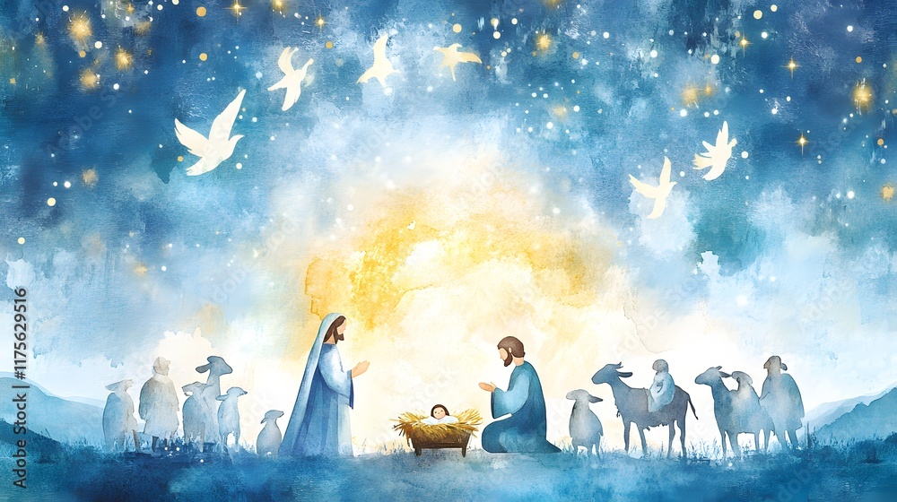 Watercolor painting depicting the nativity scene with Mary Joseph and ...