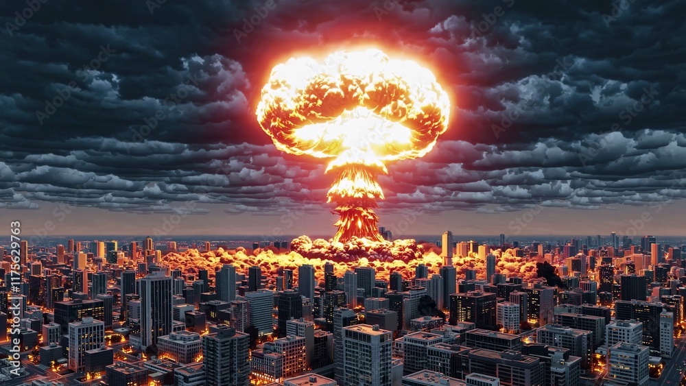 Mushroom cloud rising over burning city buildings, demonstrating devastating power of atomic ...