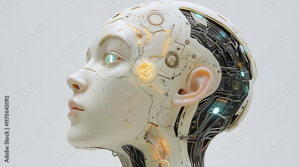 Detailed humanoid head featuring advanced AI designs and luminous ...