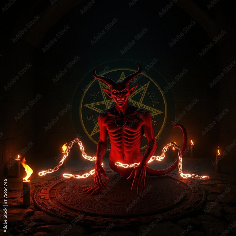 Demon with Satanic Symbols. Baphomet Symbol. Heptagram. Petagram. Red ...