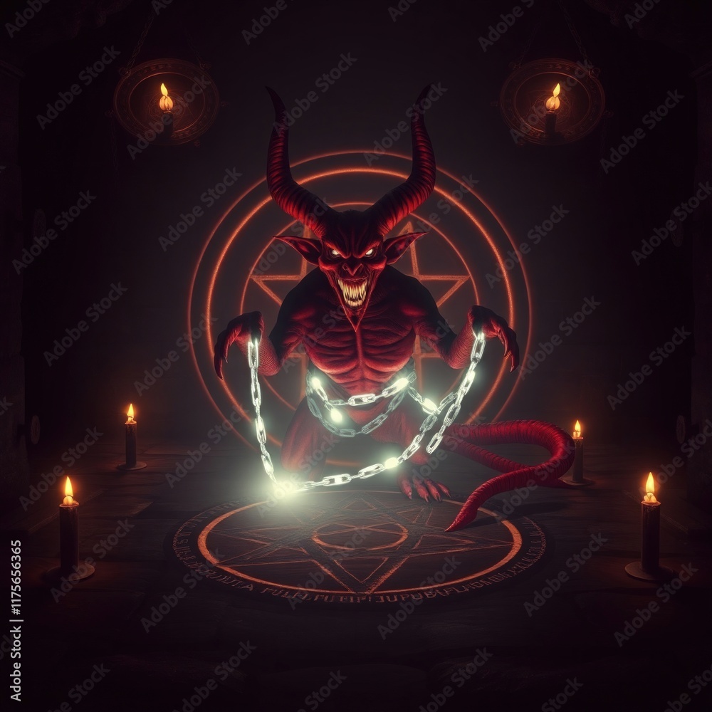 Demon with Satanic Symbols. Baphomet Symbol. Heptagram. Petagram. Red ...