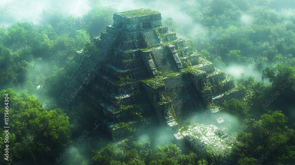 Mayan Pyramid in Lush Jungle, ancient stone carvings, ceremonial plaza ...