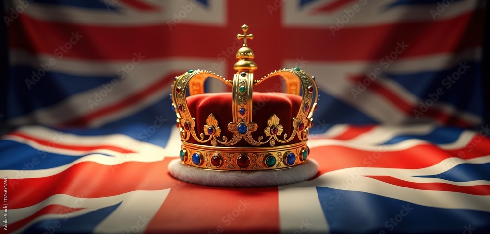 Royal golden crown rests on golden pillow. UK flag background. Symbol ...