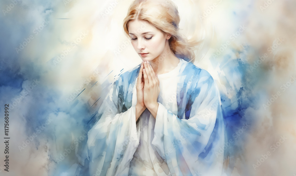 Young woman in prayer with light tones and Marian resemblance.Purity ...