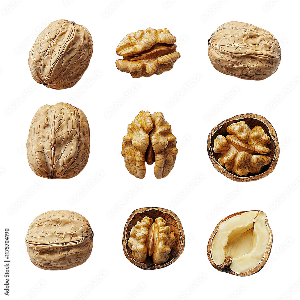different types of walnuts in their shells on a transparent background ...