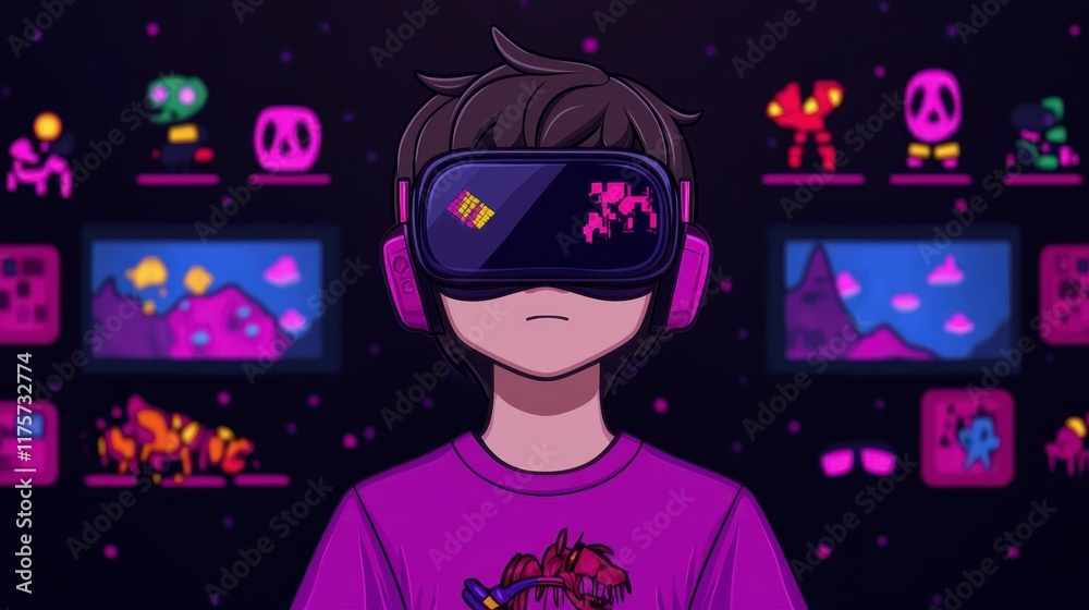 Immersive Virtual Reality Gaming Young Person in VR Headset Exploring ...