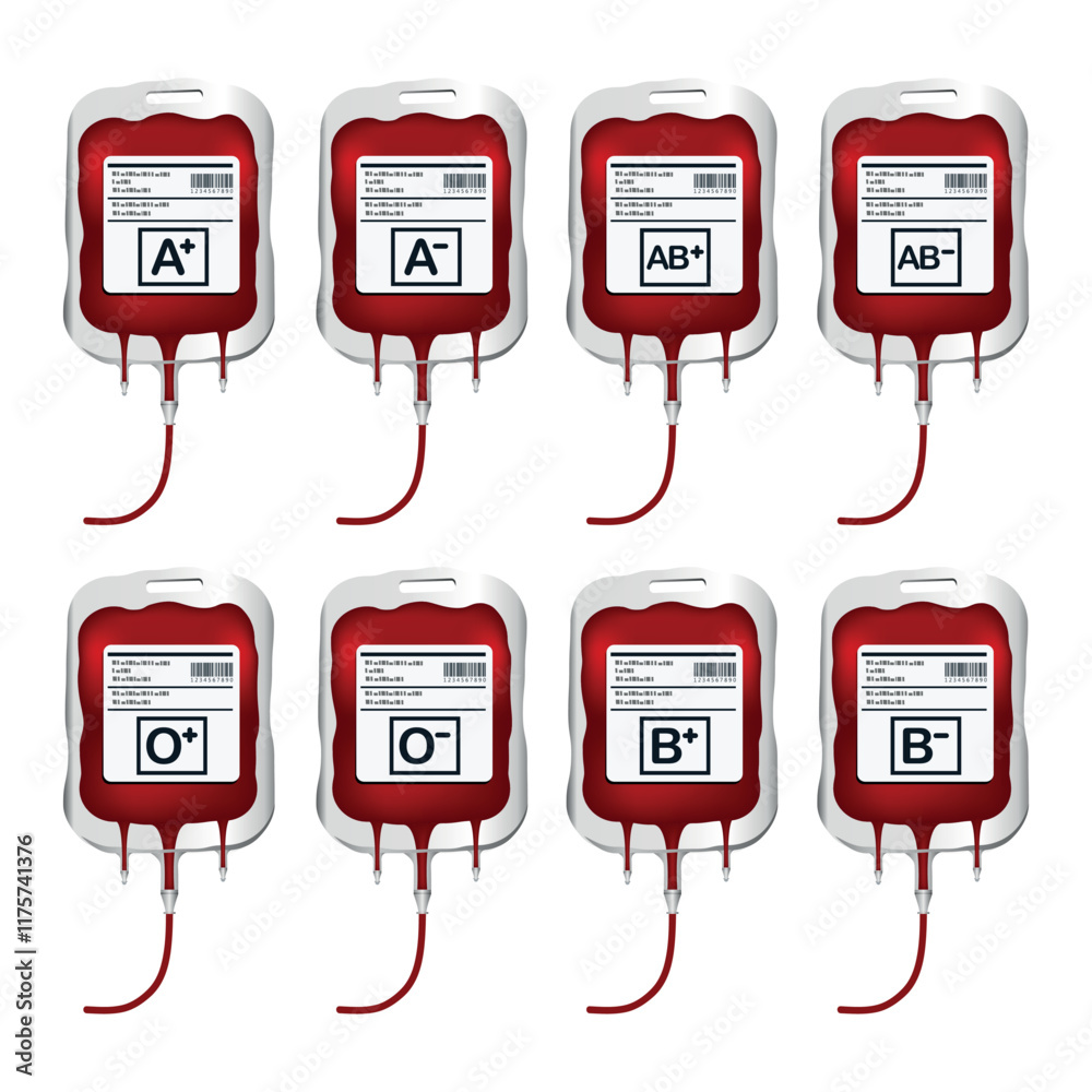 Blood bag with eight types of blood type labels A, B, O, AB blood donor ...