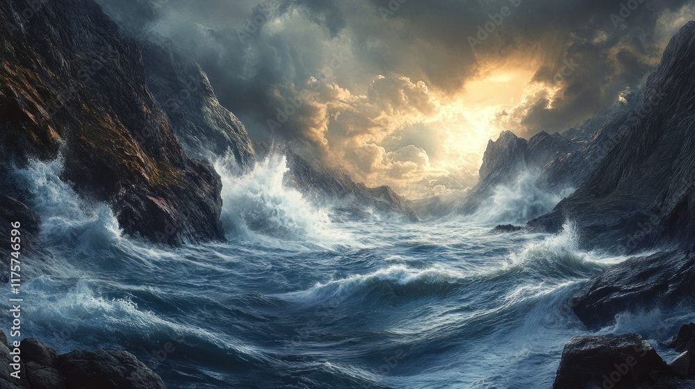 Strong ocean currents sweep through narrow straits, waves crash against ...