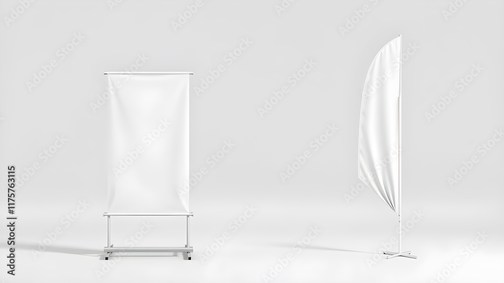 Realistic banner stand, beach flags isolated 3d vector mockups. White ...