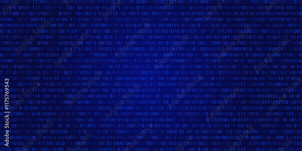 Abstract blue binary code background with a digital matrix. Tech, cybersecurity, and programming ...