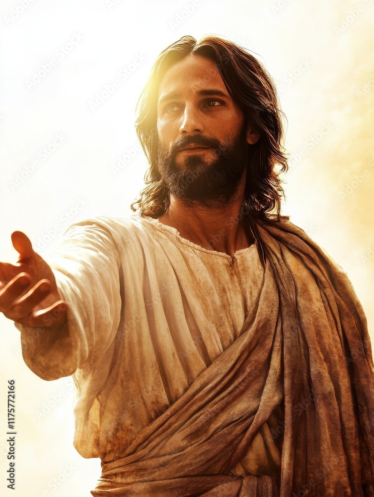 Jesus Christ reaching out his hand against bright background Stock ...