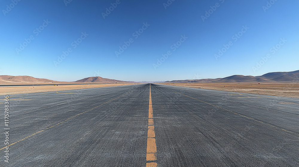 Wide-angle view of a concrete airport runway bathed in early morning ...