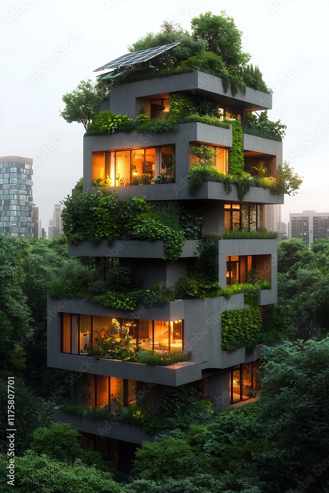 Стоковая иллюстрация «Eco Conscious Residential Complex with Rooftop Urban Garden and Vertical ...