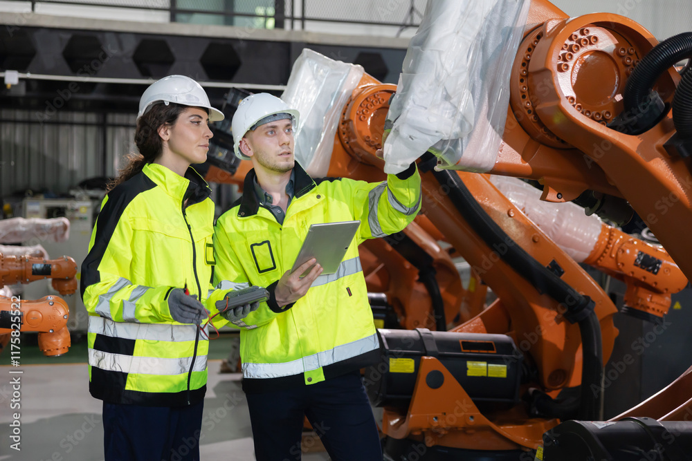 Engineers review robotic systems in a high-tech manufacturing facility ...
