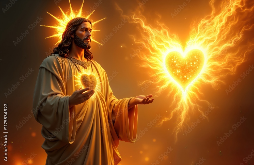 Foto de Stock Jesus Christ holds radiant golden heart. Divine love ...