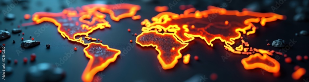 World map glowing orange-red. Global conflict concept. International ...