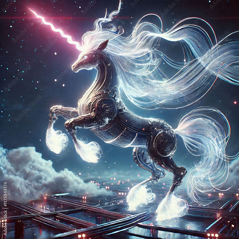 Cyberpunk kirin with a body composed of interwoven fiber optic cables ...