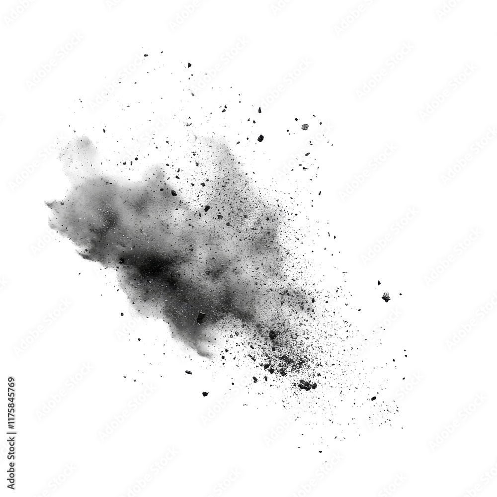 Flying debris and dust scatter across a transparent background ...