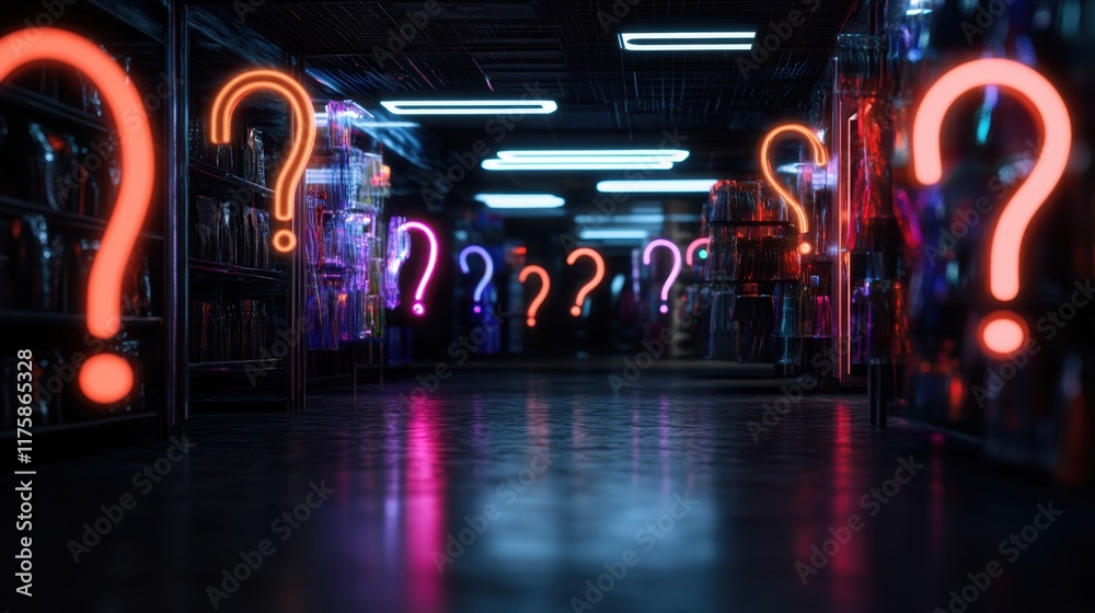 Mysterious neon question marks in dimly lit warehouse for curiosity ...