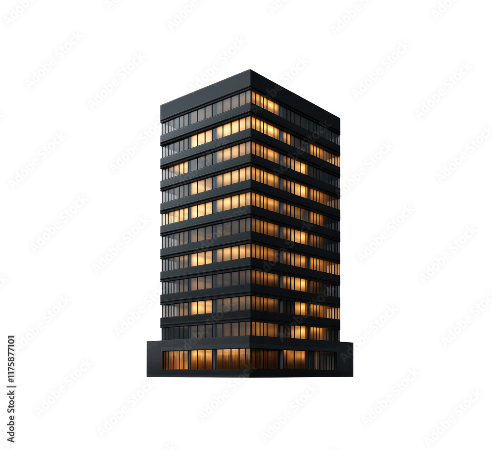3D minimalist black high-rise building with illuminated windows, sleek ...