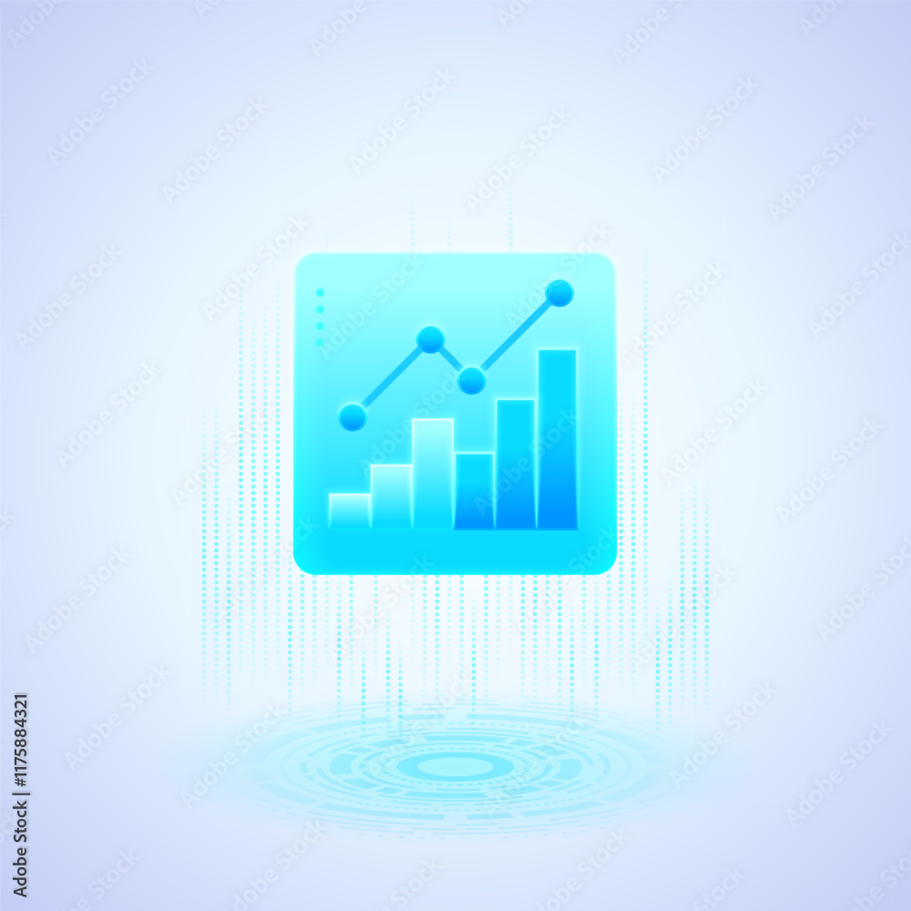 Glowing blue chart icon with a bar graph and line graph overlay on a ...