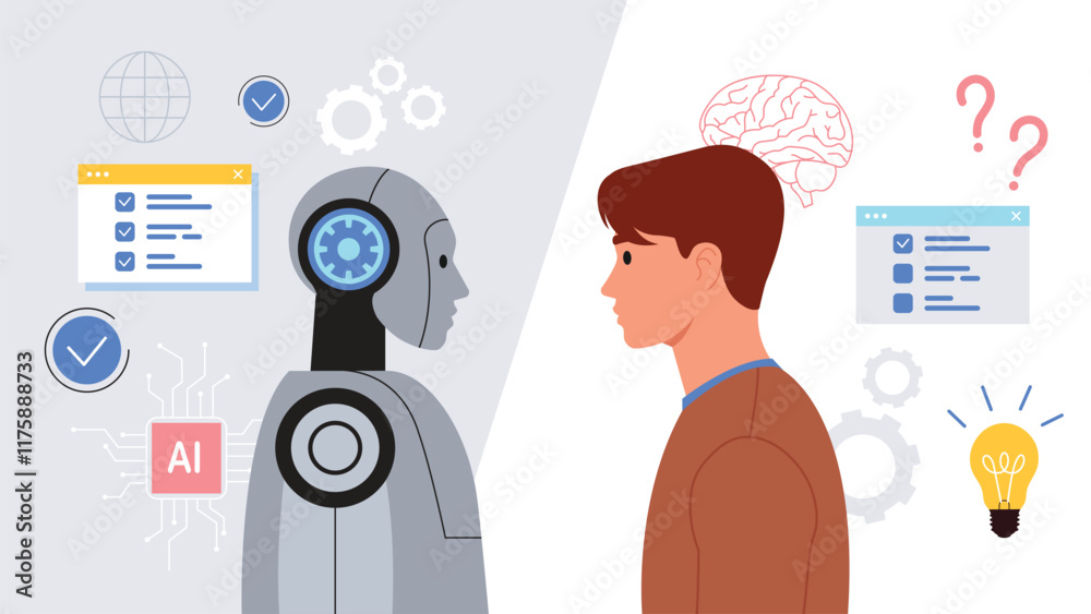 Vector illustration of a beautiful robot and man. Cartoon scene of ...