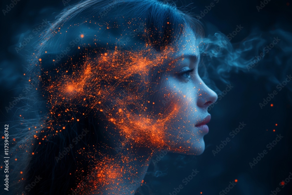 This abstract image of a digital human face intertwined with a network ...