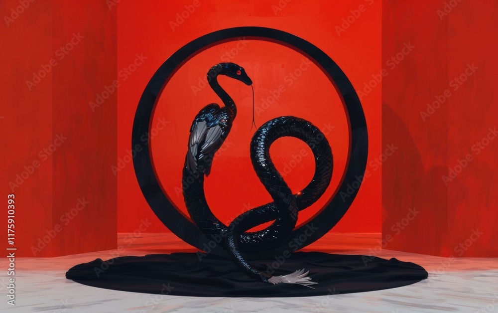 A black serpent with wings wrapped around a circle against a red ...