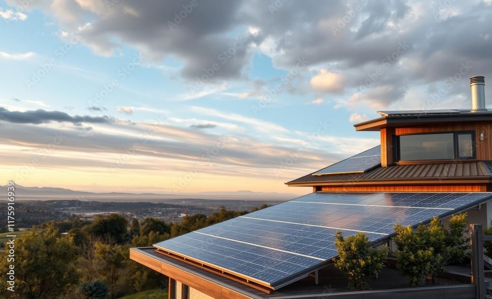 Modern house with full solar panel roof and view innovative solar panel ...