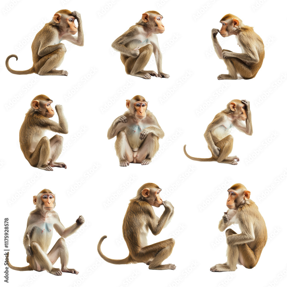 Nine monkeys are shown in different thinking poses Stock Photo | Adobe ...