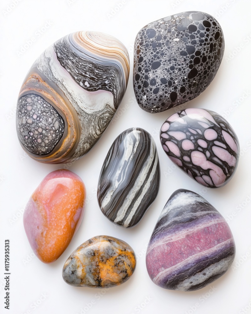 Minimalist collection of natural striped and spotted stones on white ...