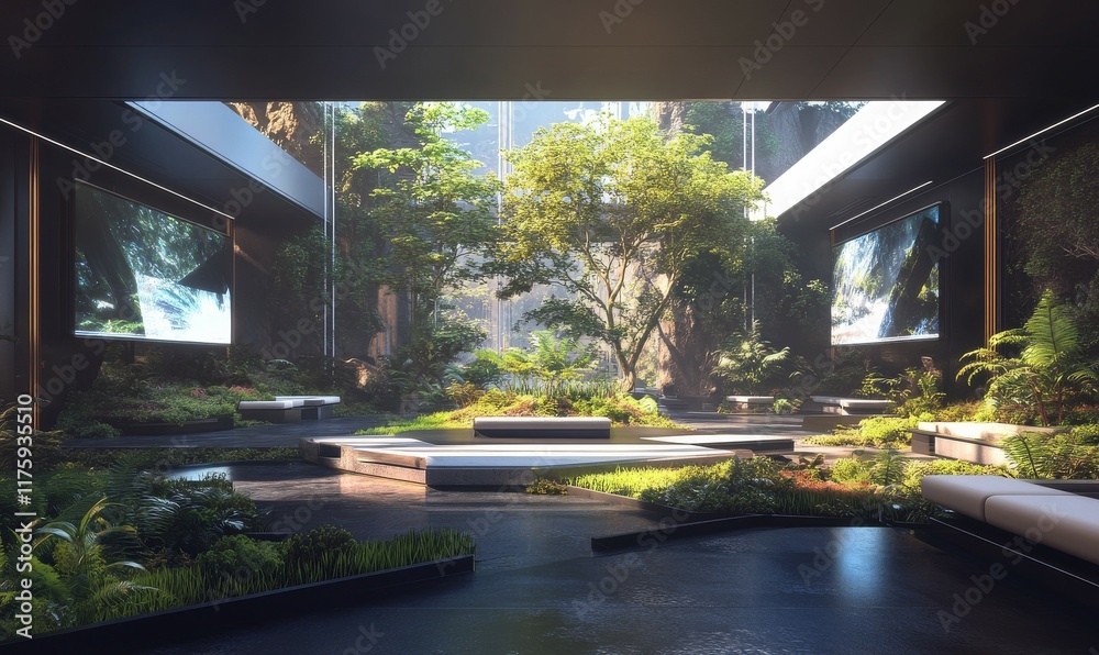 Modern coworking space filled with augmented reality screens ...