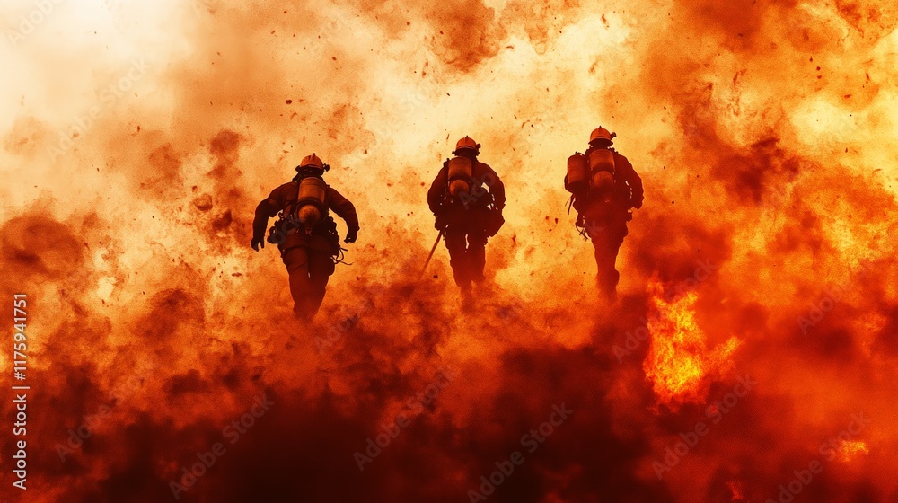 Three courageous firefighters sprinting through fierce flames and thick ...