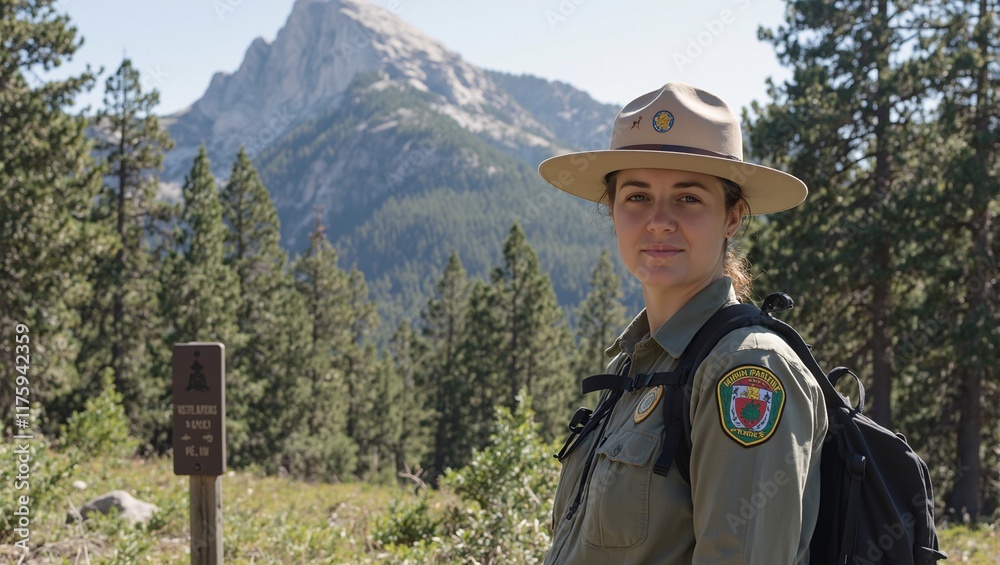 Park ranger in green uniform by trail marker with mountain backdrop ...