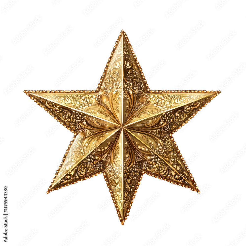 Beautiful golden Christmas star with intricate designs on a transparent background, ideal for ...