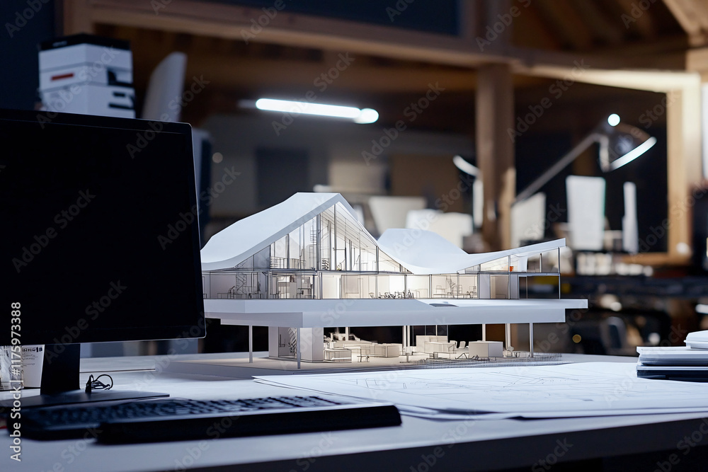 3D printed architectural model next to detailed CAD drawings Stock ...