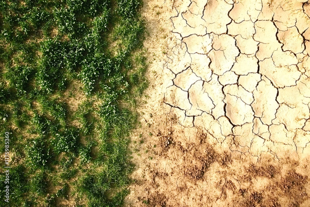Lush green grass growing next to dry cracked earth demonstrates the ...