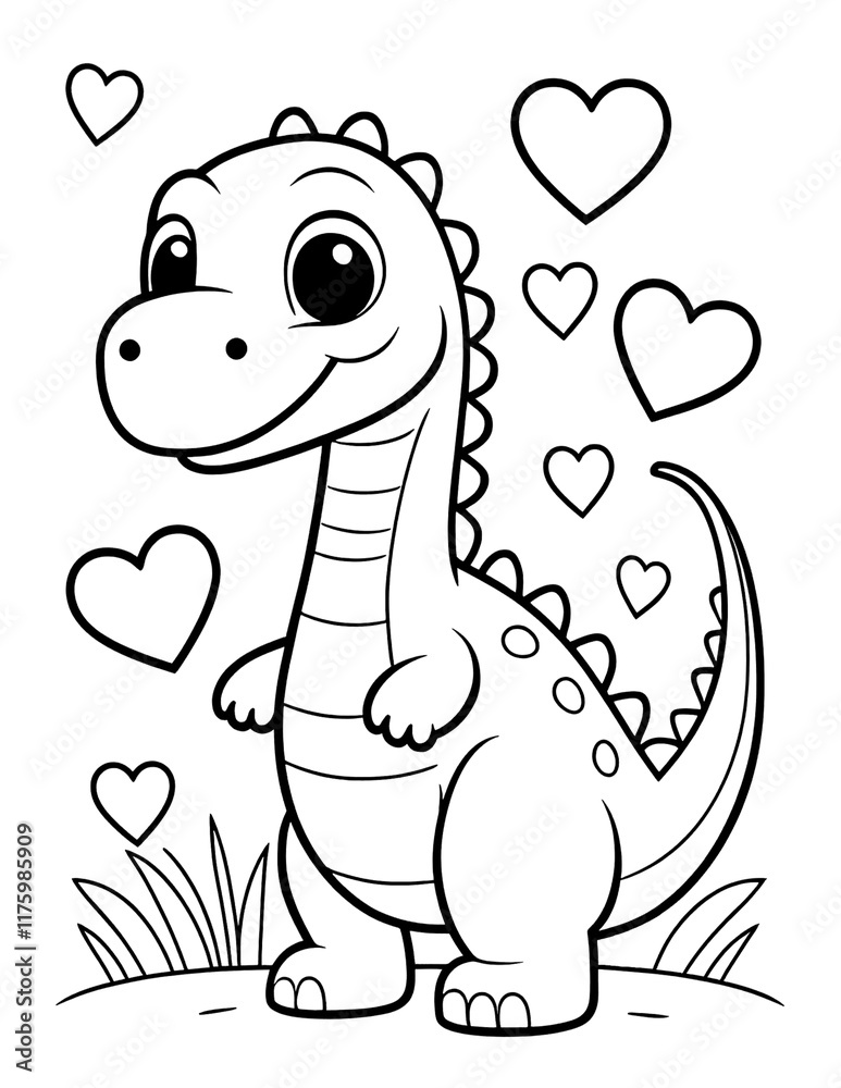 cartoon dinosaur and hearts love theme coloring page. ready to print on ...