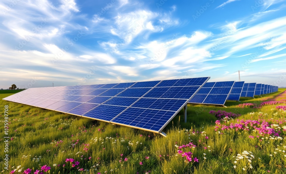 Solar power station on the spring flowering meadow photovoltaic panels ...
