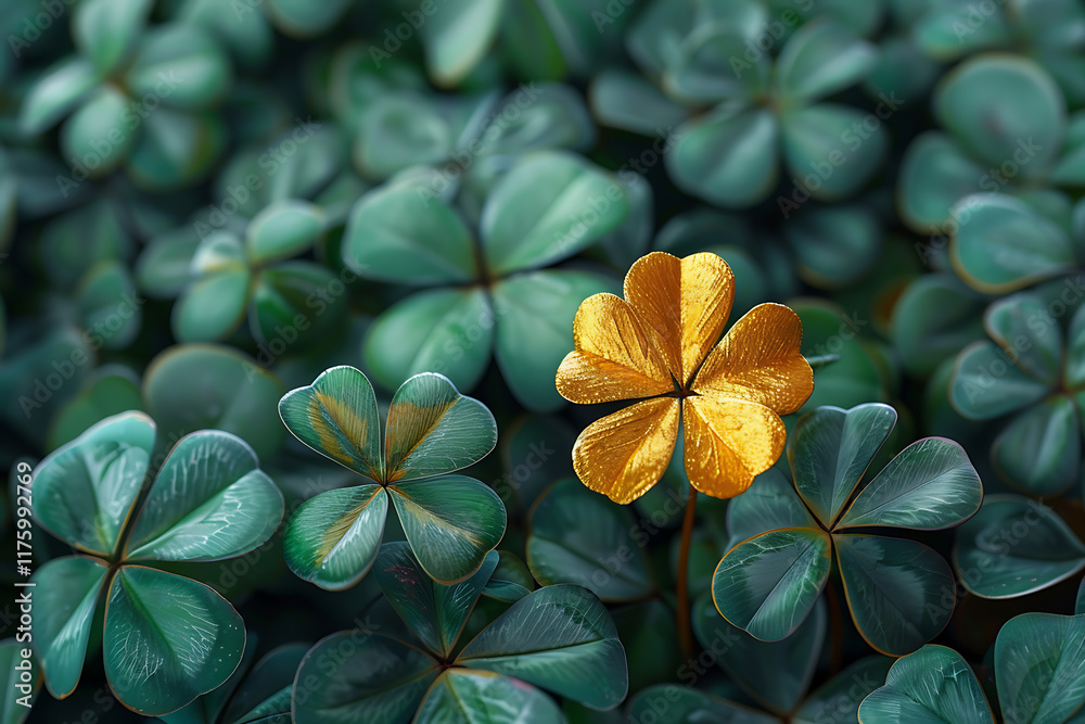 clover leaf contrast, a vivid, lifelike depiction of a unique gold four ...