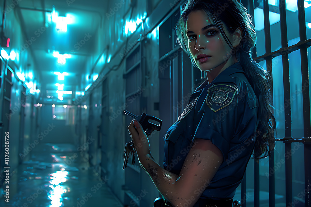 prison guard duty, a lifelike portrayal of a female jailer monitoring a ...