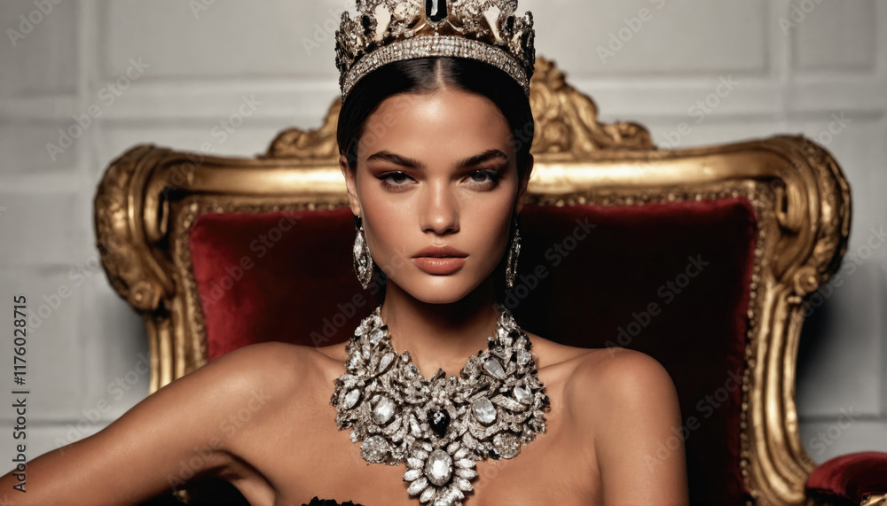 Elegant model poses in ornate crown and jewelry while seated on a ...