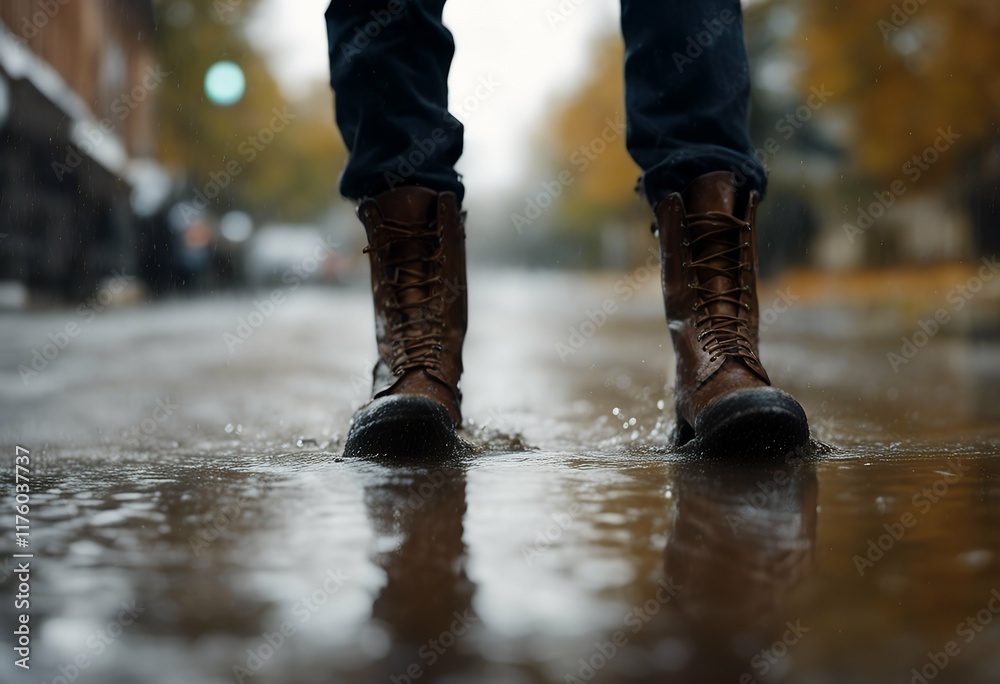 angle stepping puddle rain male low water view boots feet Walking p ...