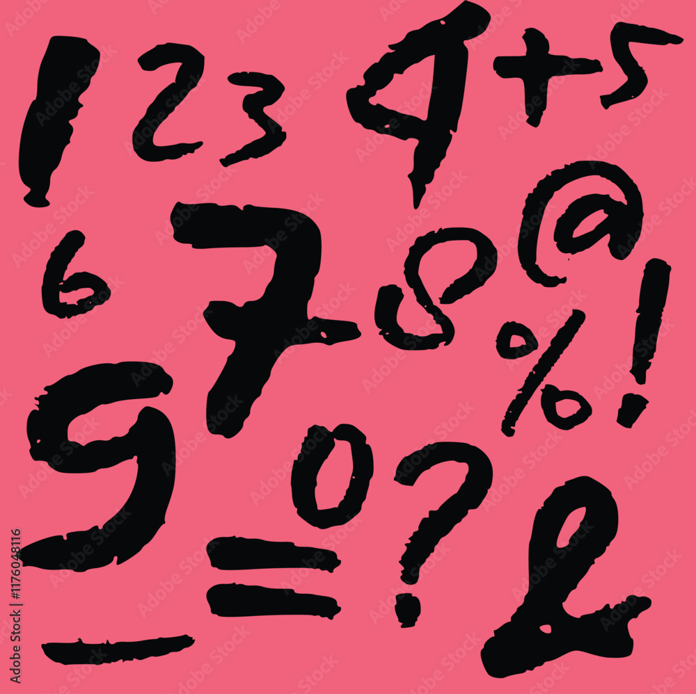 Hand written calligraphy alphabet black ink brush lettering, numbers ...