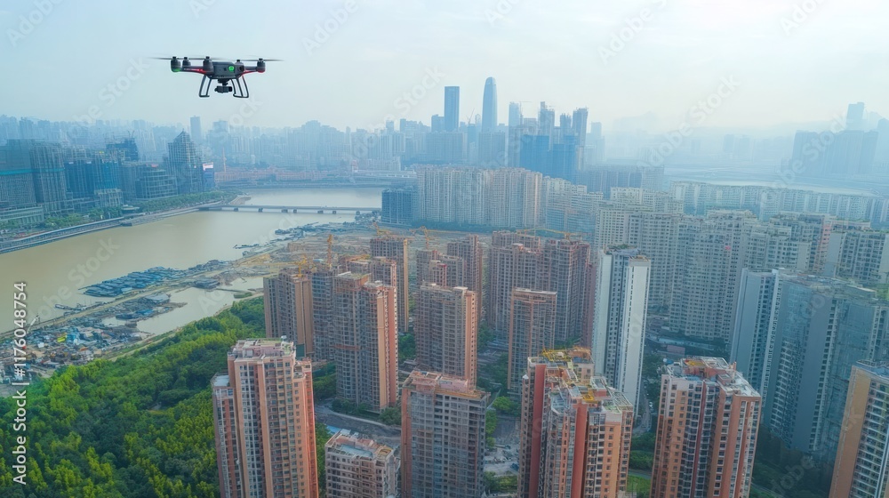 Construction site drone mapping the terrain from above, scanning with ...